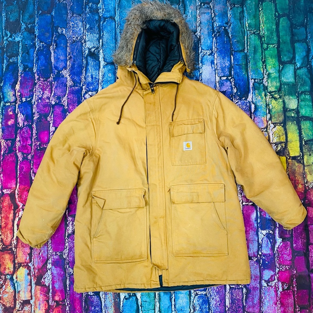 Vintage Carhartt Khaki Parka Coat With Fur Hood Size … - Gem